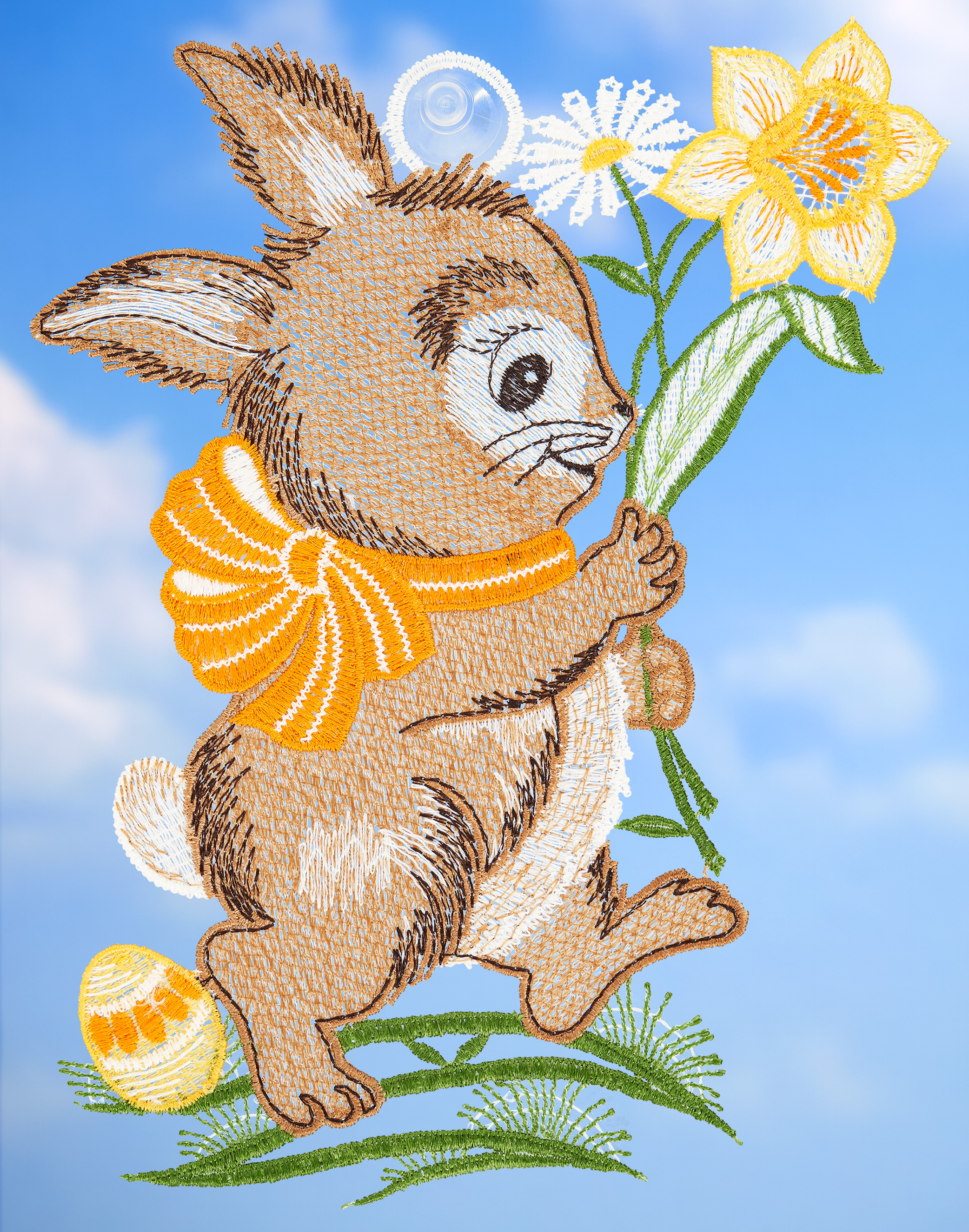 Fensterbild Ostern Plauener Spitze Fensterdekoration Osterhase Orange 22 cm